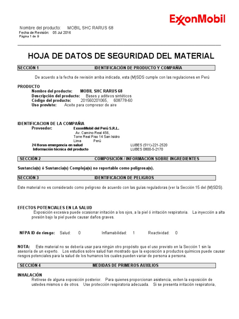 Msds - Mobil SHC Rarus 68 | PDF | Descarga electrostática | Guante