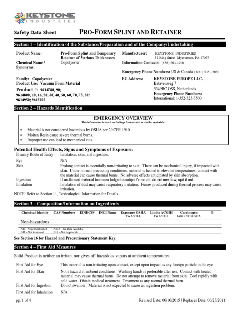 Proform Splint and Retainer SDS 20150616 PDF | PDF | Occupational ...