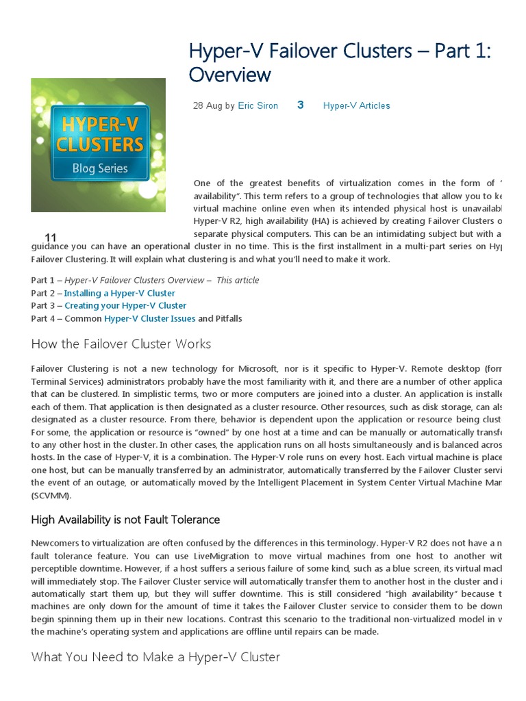 Hyper V Failover Clusters Hyper V Failover Clustering Series Part 1 Pdf Hyper V