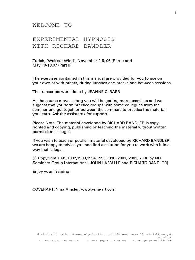 Welcome To Experimental Hypnosis With Richard Bandler | PDF | Hand | Trance