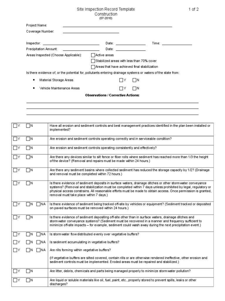 Site Inspection Record Template 1 of 2 Construction: Observations ...