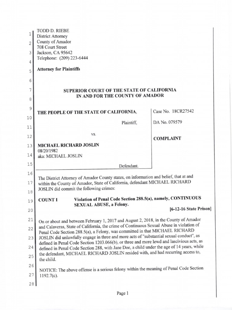 Complaint - Michael Joslin | PDF | Felony | Crime & Violence