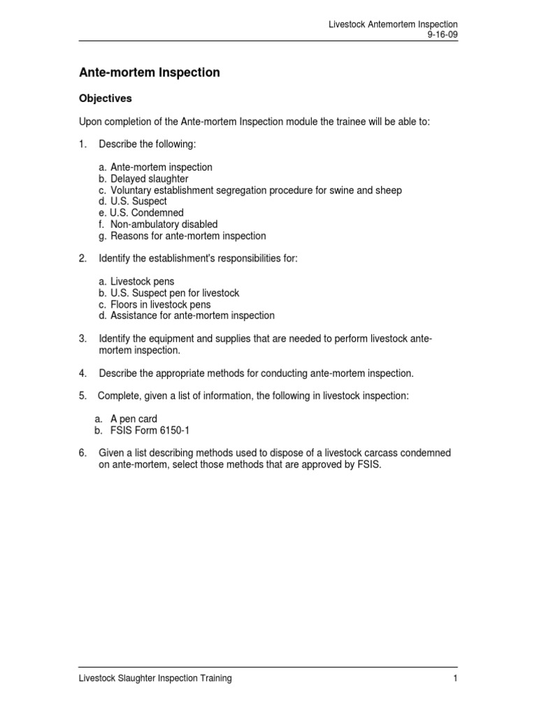 Inspección Veterinaria Antemortem USDA | PDF | Animal Slaughter | Livestock