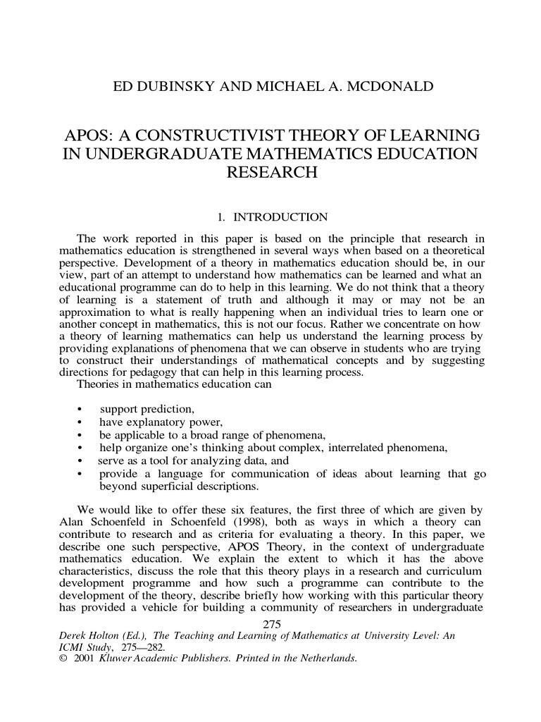 Apos: A Constructivist Theory of Learning in Undergraduate Mathematics Education Research | PDF ...