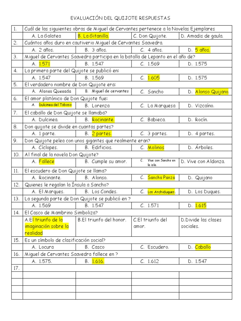 Evaluacion Del Quijote 2018 | PDF | Don Quijote | Miguel De Cervantes