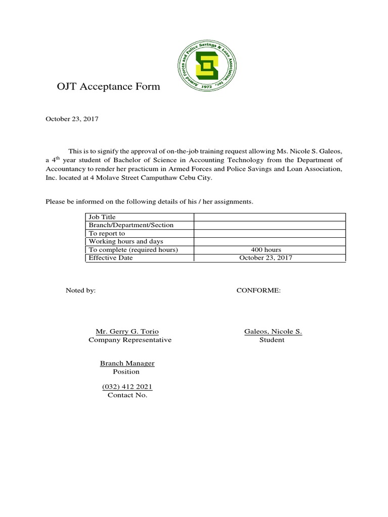 OJT Acceptance Form: Mr. Gerry G. Torio Galeos, Nicole S. Company ...
