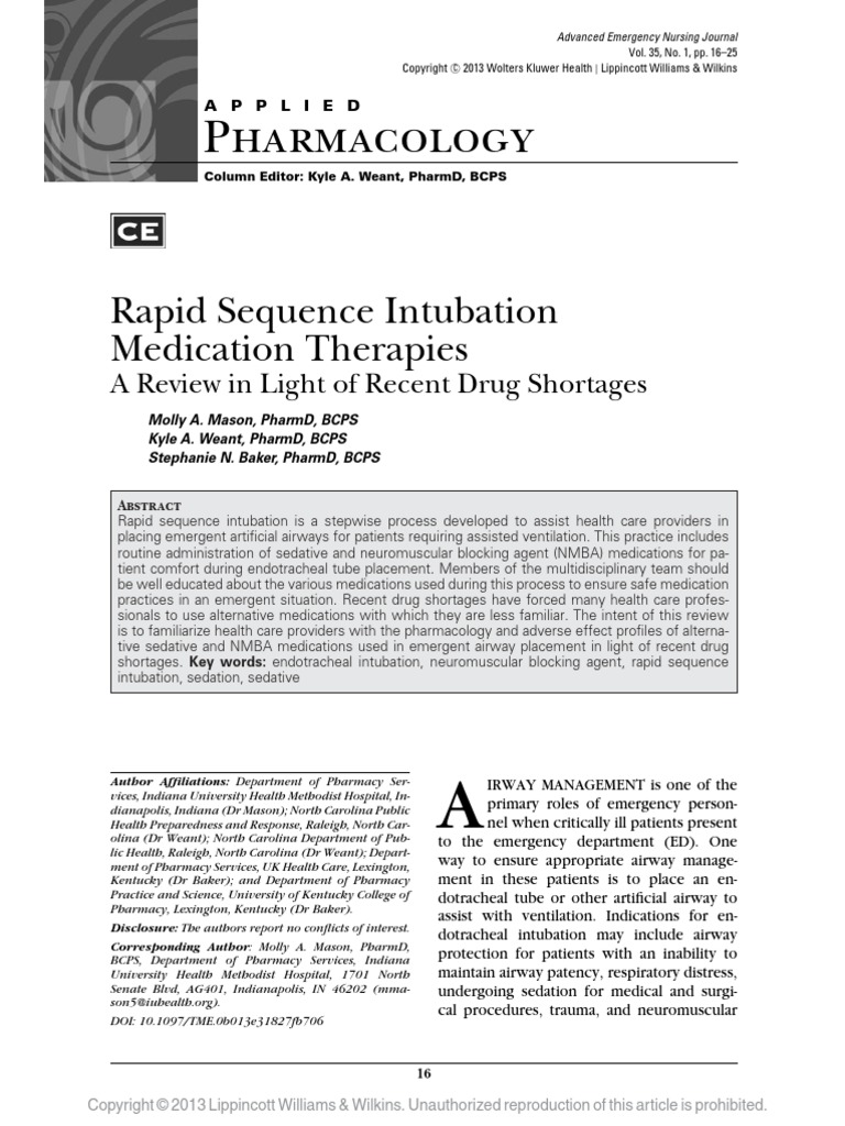 Pharmacology: Rapid Sequence Intubation Medication Therapies | PDF ...