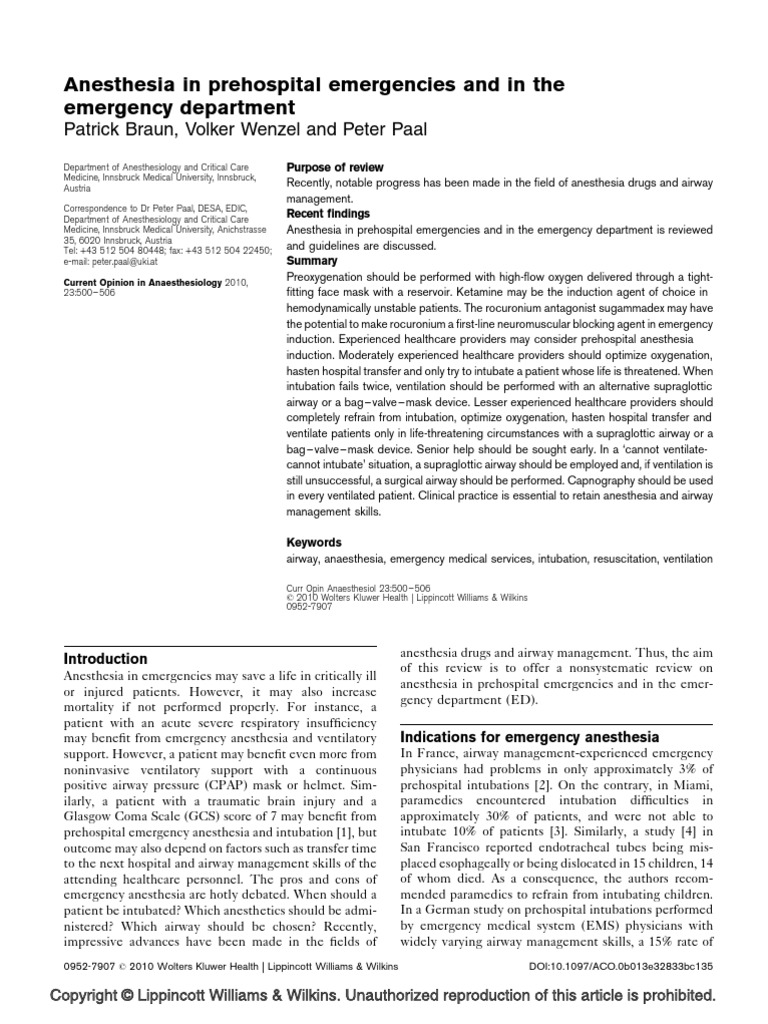 Anesthesia in Prehospital Emergencies and in The Emergency Department ...