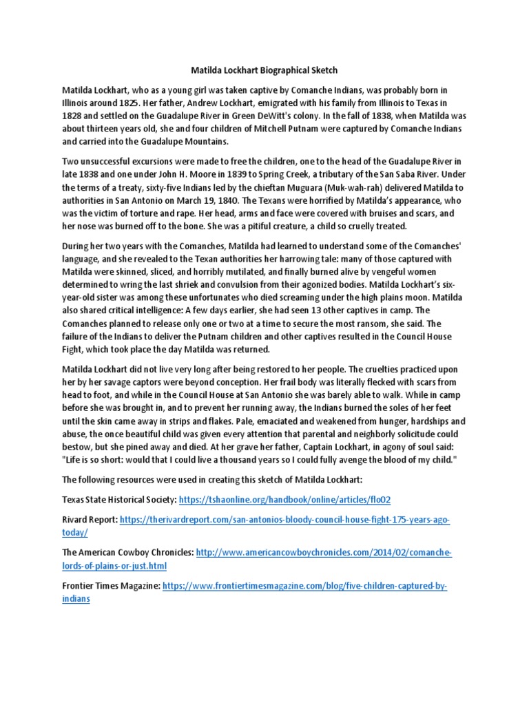23 - Matilda Lockhart Biographical Sketch | PDF | Comanche | Violence