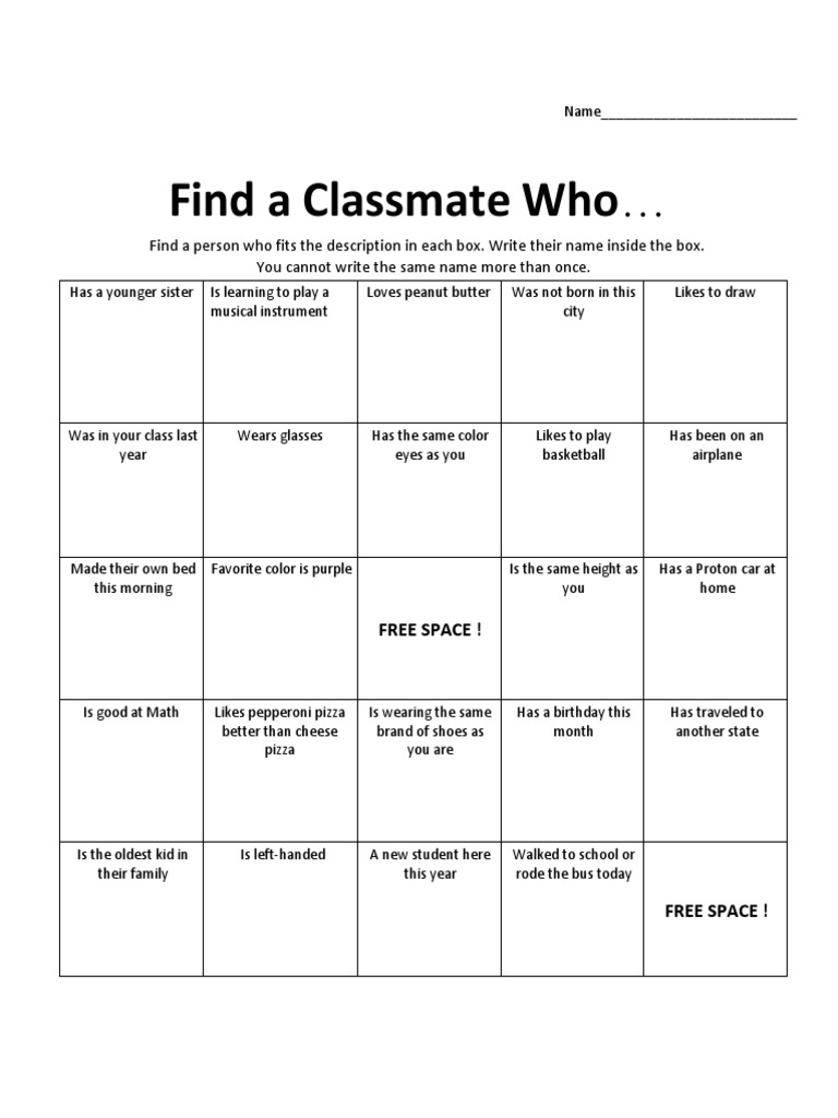Getting to Know Your Classmates: A 'Find Someone Who' Activity Sheet ...