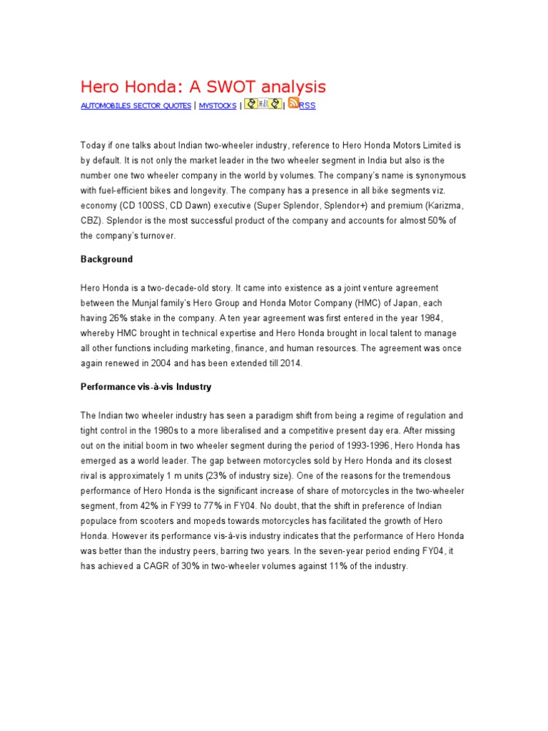 Hero Honda A SWOT Analysis | PDF | Economies | Earnings