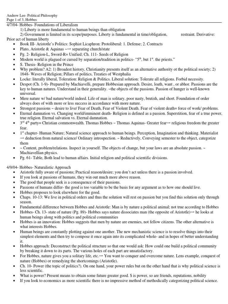 Hobbes Leviathan Lecture Notes | PDF | Sovereignty | Thomas Hobbes