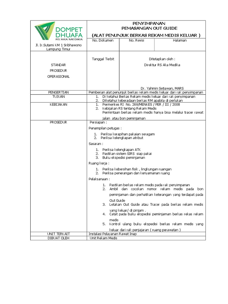 Penyimpanan Pemasangan Out Guide (Alat Penunjuk Berkas Rekam Medis ...