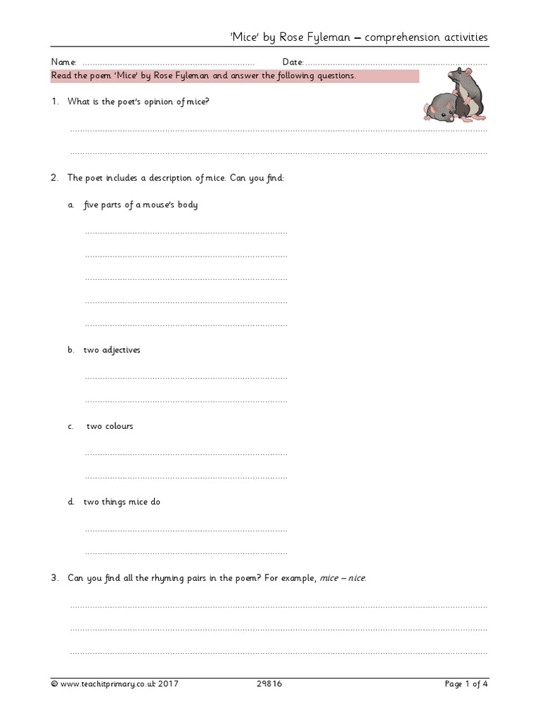 Mice' by Rose Fyleman - Comprehension Activities: © WWW ...