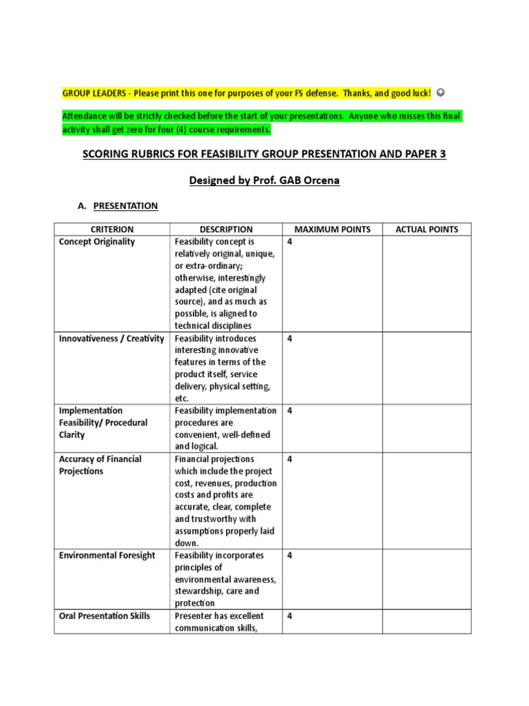 Feasibility Study Presentation Rubrics | PDF | Logic | Communication