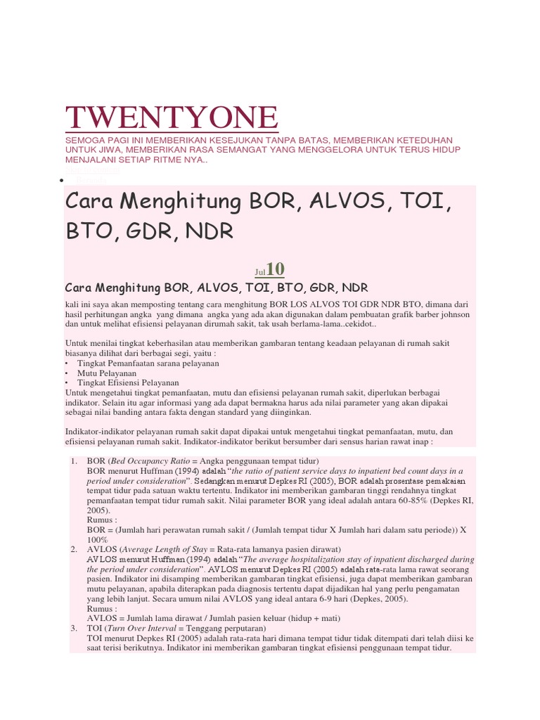 Cara Penghitungan BOR, LOS, ToI | PDF