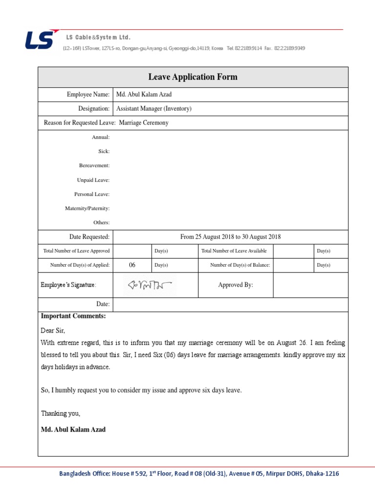 Leave Application Form: LS Cable System LTD | PDF