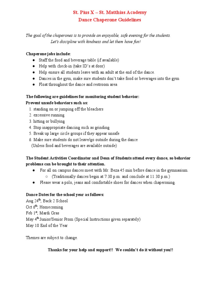 Dance Chaperones Expectations 2018 | PDF | Lifestyle