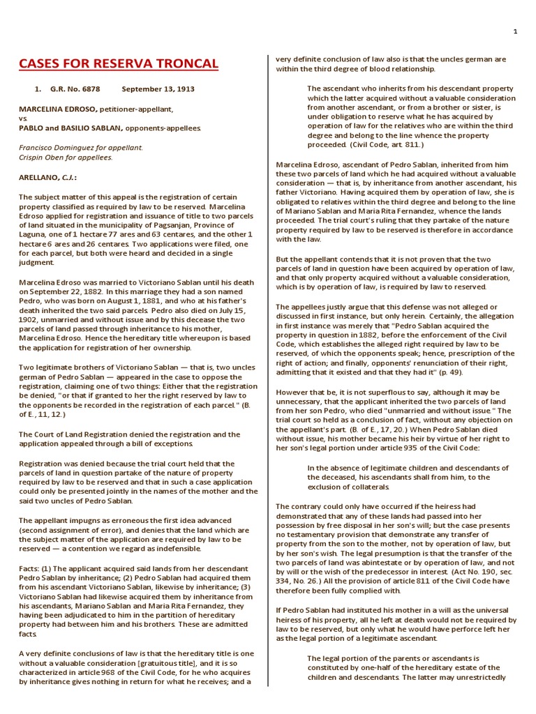 Cases For Reserva Troncal | PDF | Property | Inheritance