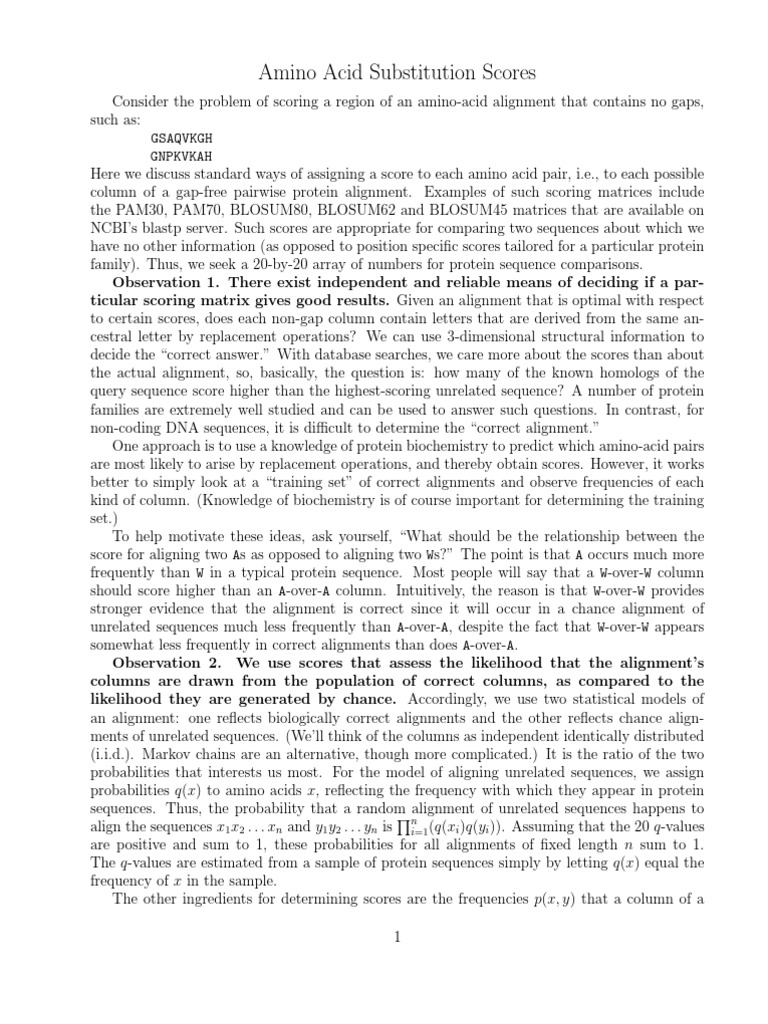 Amino Acid Substitution Scores: 1 2 N 1 2 N N I 1 I I | PDF | Sequence ...