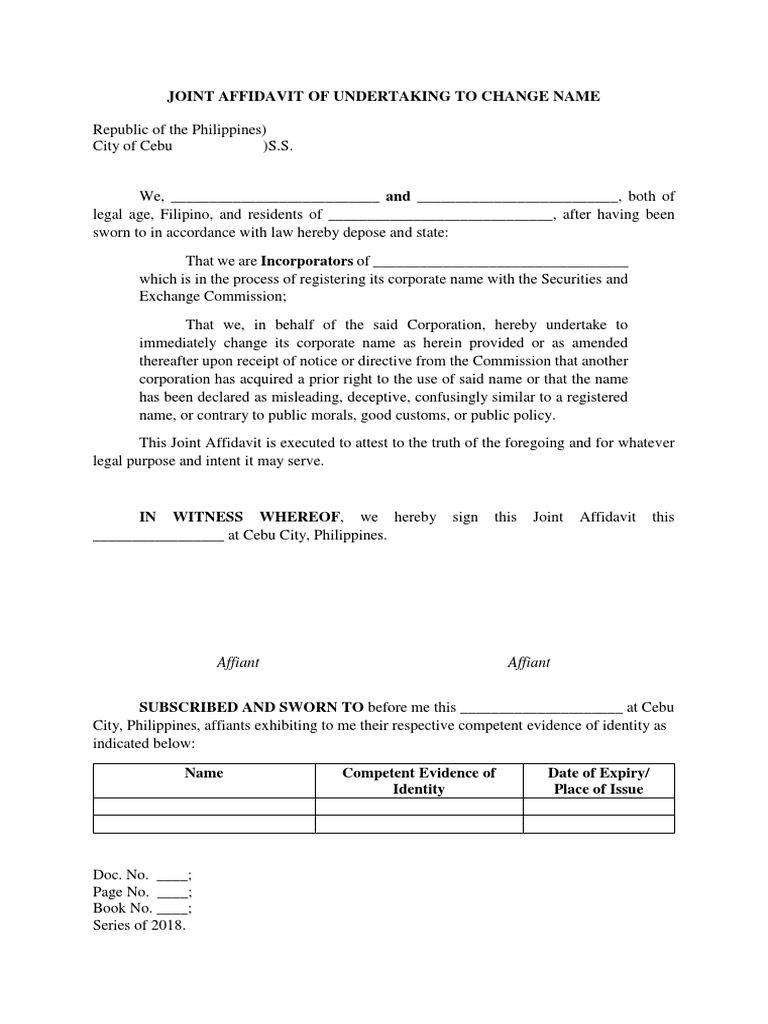 Joint Affidavit of Undertaking to Change Name- Corpo