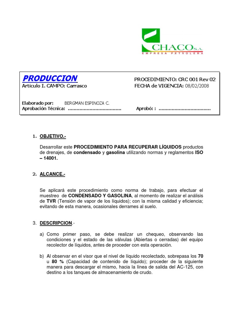Proc. Muestreo de Condensado para TVR PDF | PDF | Energía y recursos ...