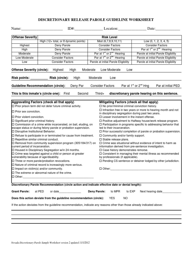Parole Board Guideline Worksheet | Parole | Probation