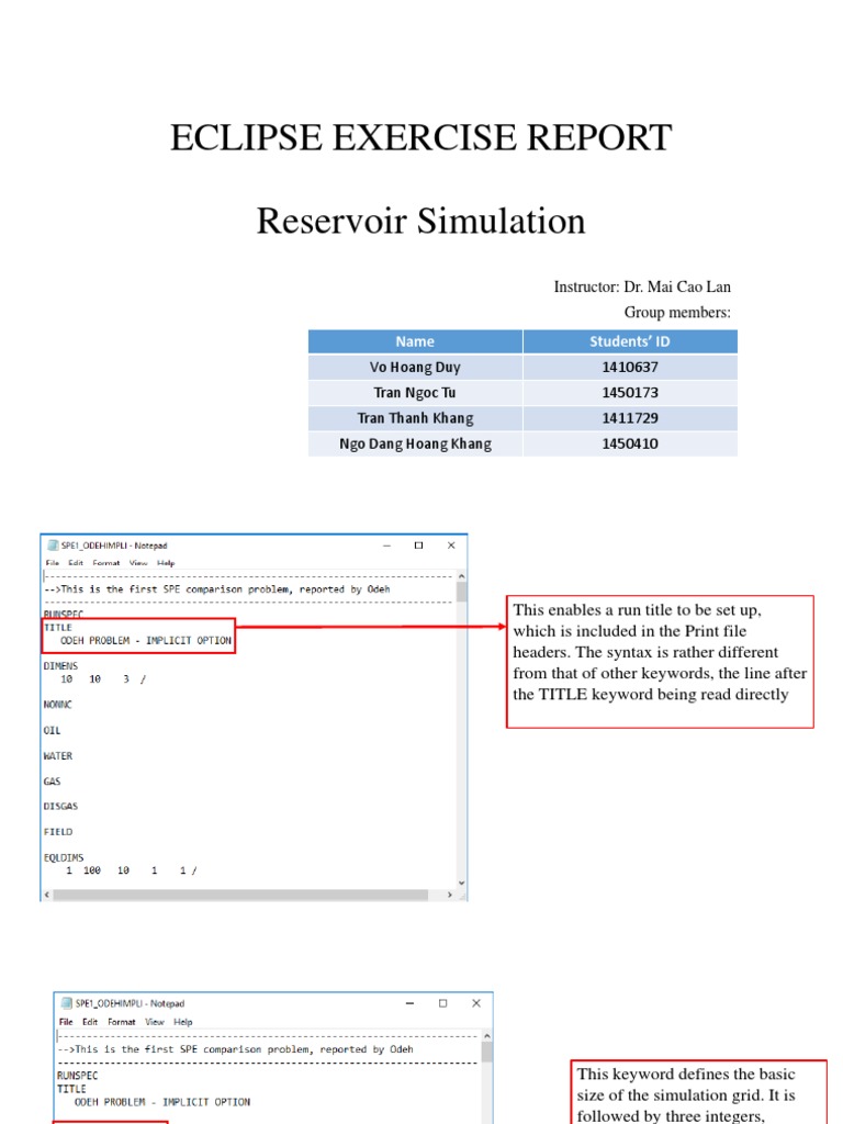 Eclipse Exercise Report Reservoir Simulation: Instructor: Dr. Mai Cao ...