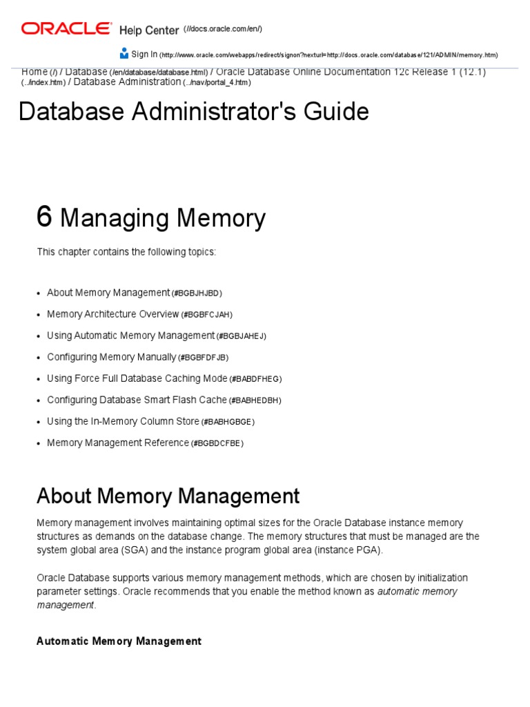 Database Administrator's Guide: About Memory Management | PDF | Oracle ...