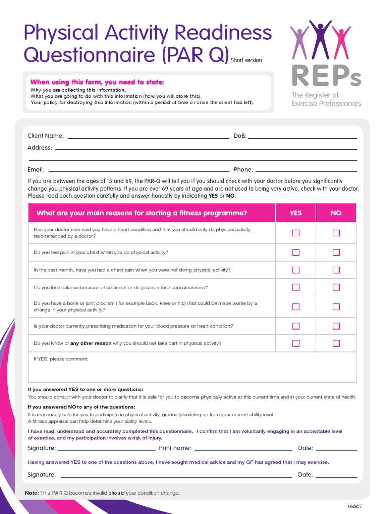 REPs Members PAR Questionnaire Short Verion | PDF | Physical Fitness | Pain