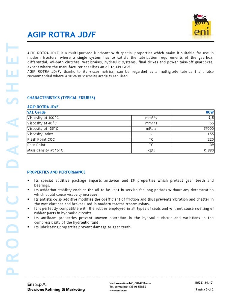 AGIP ROTRA JD/F: A Multi-Purpose Lubricant for Modern Tractors | PDF ...