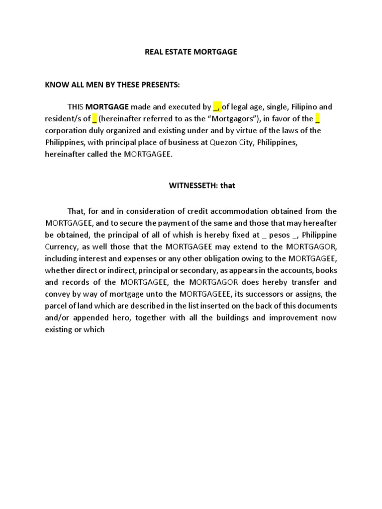 Real Estate Mortgage Agreement Template | PDF | Mortgage Law | Personal ...