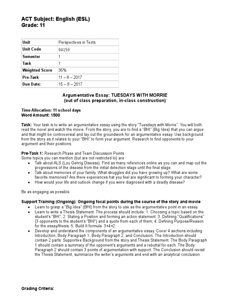 ACT Grade 10 Task 1 (YR16-17) RL Morrie | PDF | Workweek And Weekend | Essays