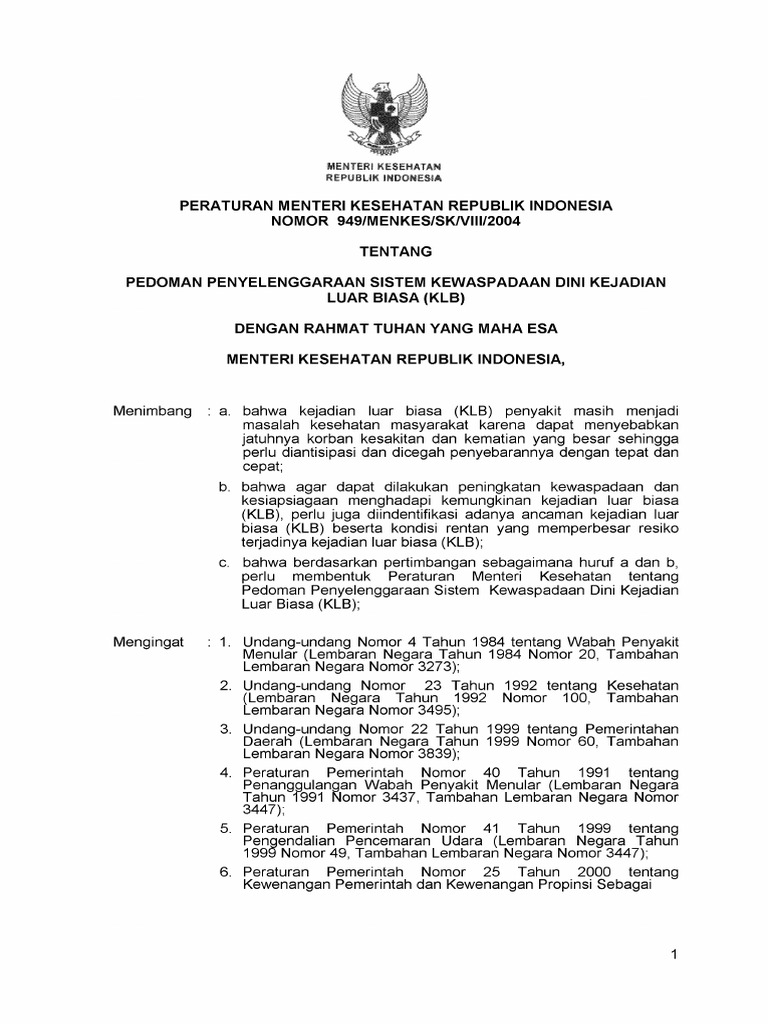 PMK No. 949 TTG Pedoman Penyelenggaraan Sistem Kewaspadaan Dini KLB PDF ...