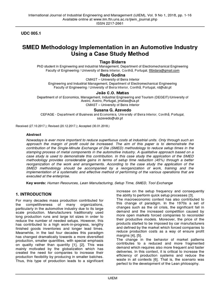 SMED Methodology Implementation in An Automotive Industry Using A Case Study Method | PDF | Lean ...