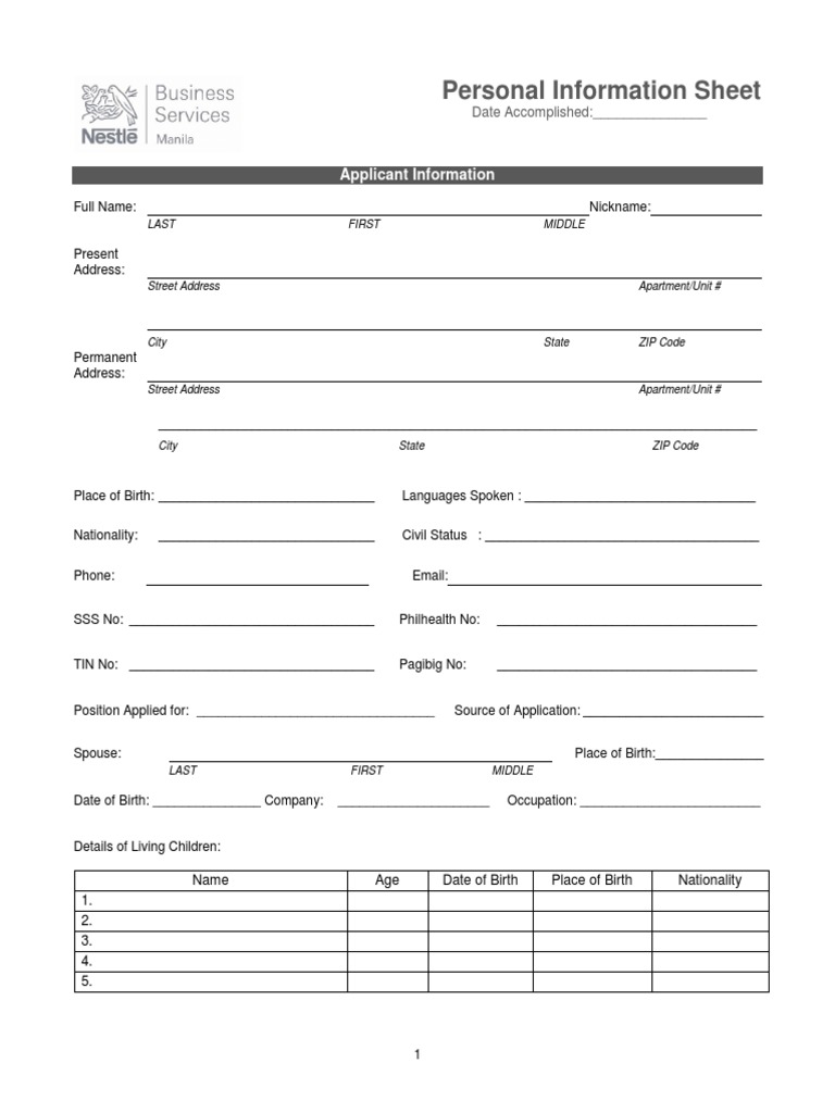 Nestlé Personal Information Sheet | PDF | Employment | Business