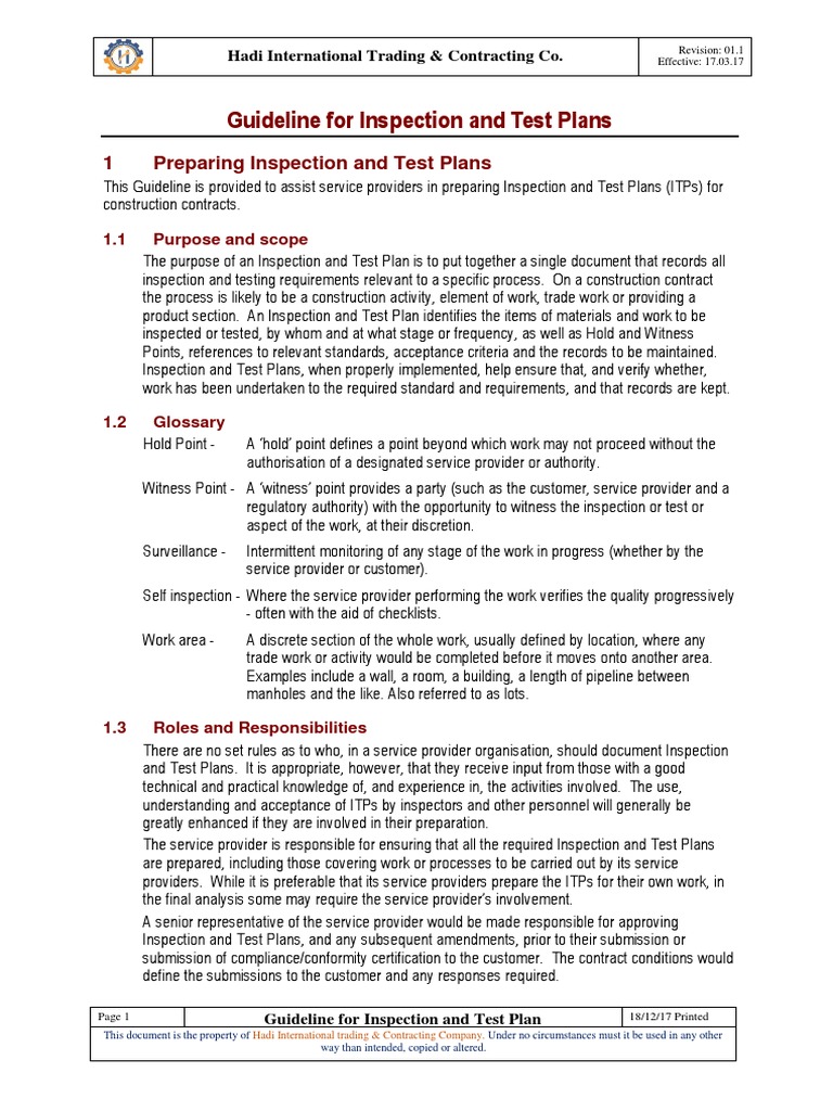 Guideline For Inspection and Test Plans | PDF | Specification ...