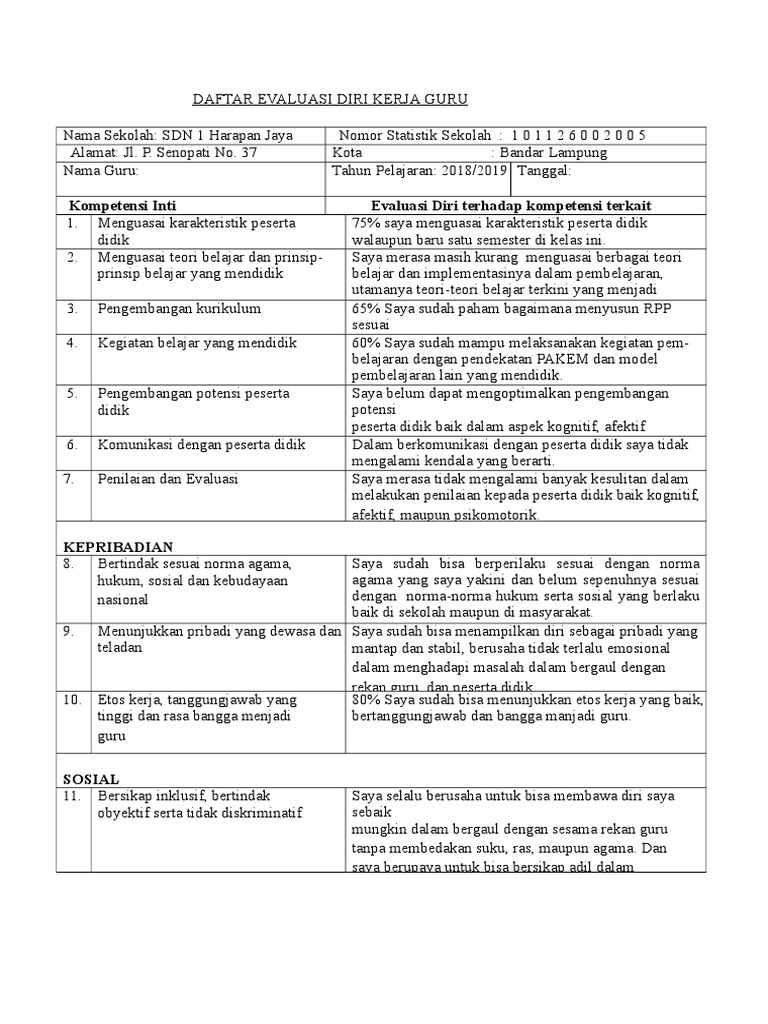 Daftar Evaluasi Diri Kerja Guru | PDF