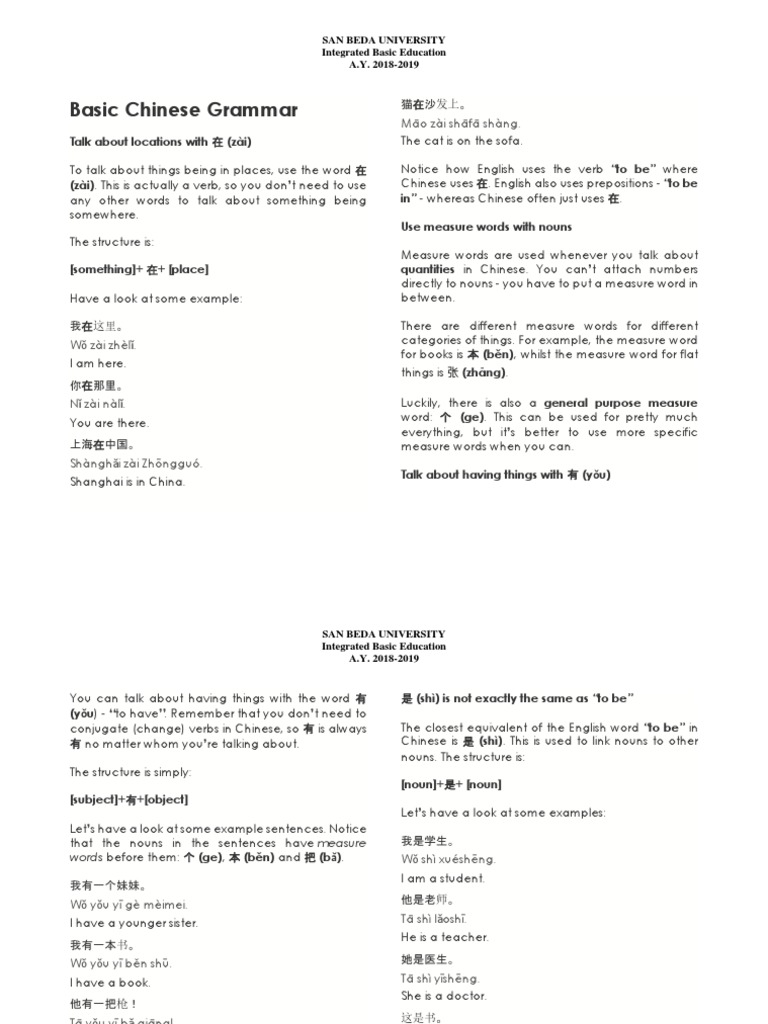 M6 Chinese Grammar Points For Beginners | PDF | Noun | Verb