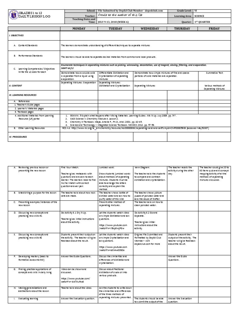 DLL - Science 6 - Q1 - W6 | PDF | Question | Distillation