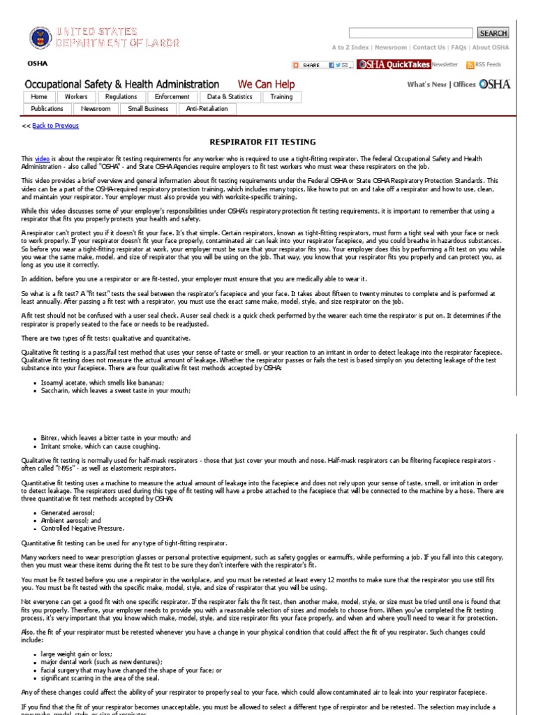 Respirator Fit Testing | PDF | Occupational Safety And Health ...