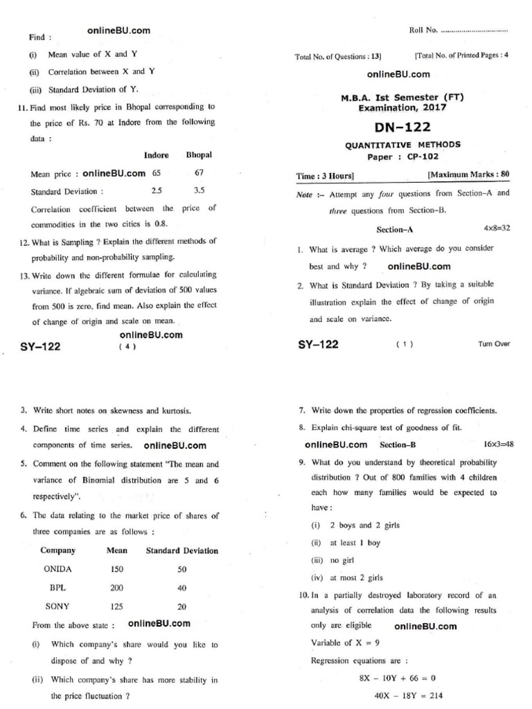 Bu Mba 1 Sem CP 102 Quantitative Methods 2017 | PDF