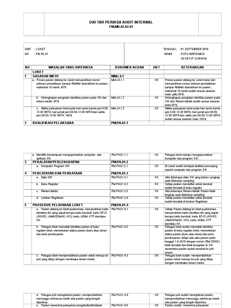 Daftar Tilik Audit Internal Loket | PDF