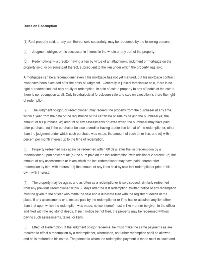 Rules On Redemption | PDF | Mortgage Law | Foreclosure