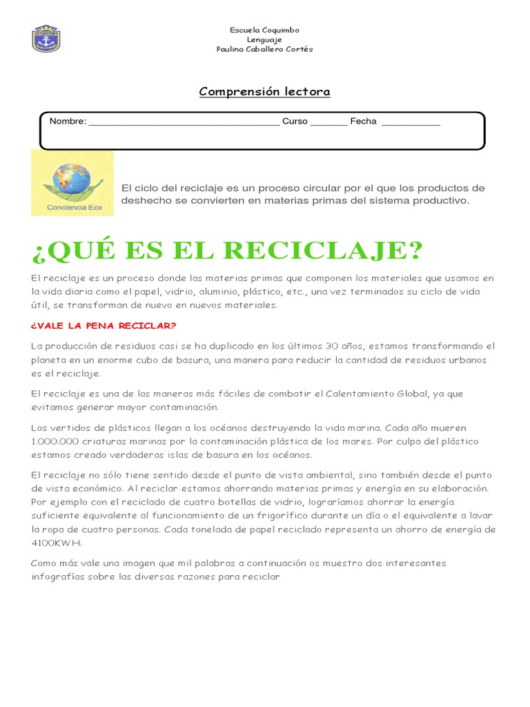 Comprension Lectora Reciclaje | PDF | Reciclaje | Residuos