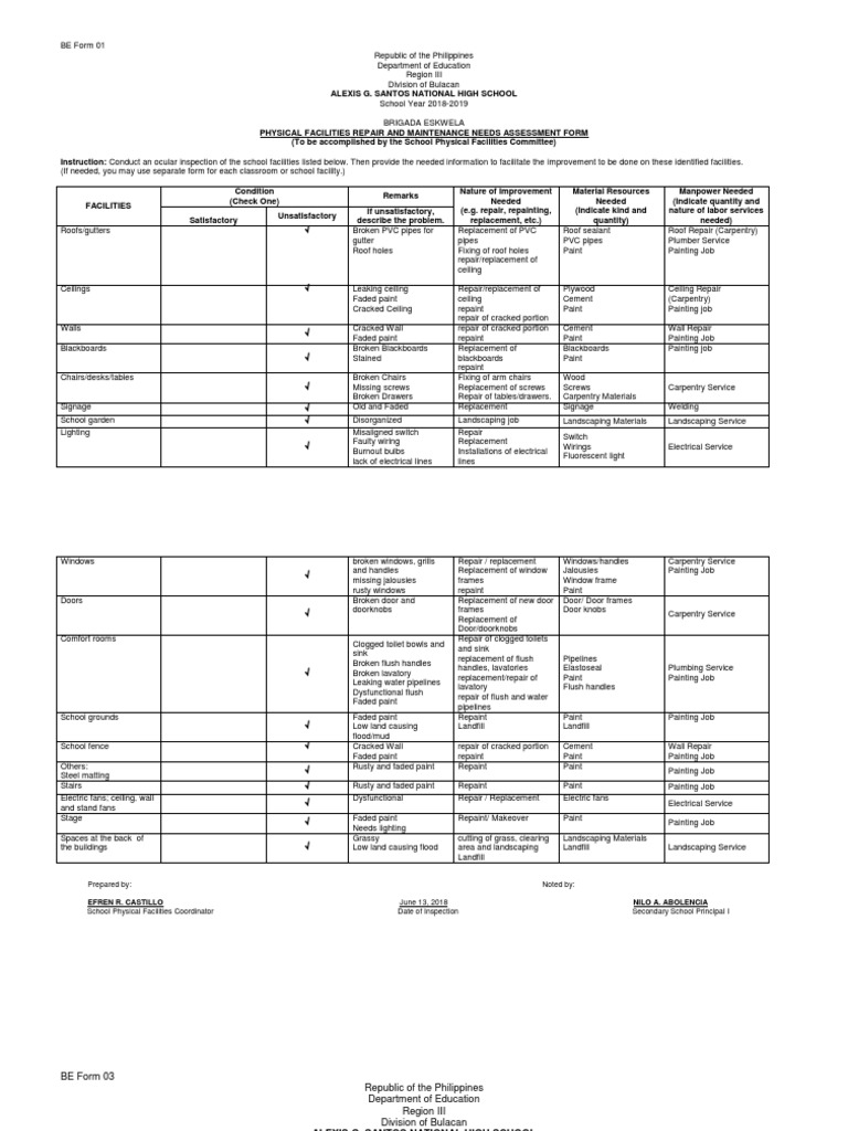 Brigada Eskwela 2025 Needs Assessment Forms | PDF | Toilet | Carpentry