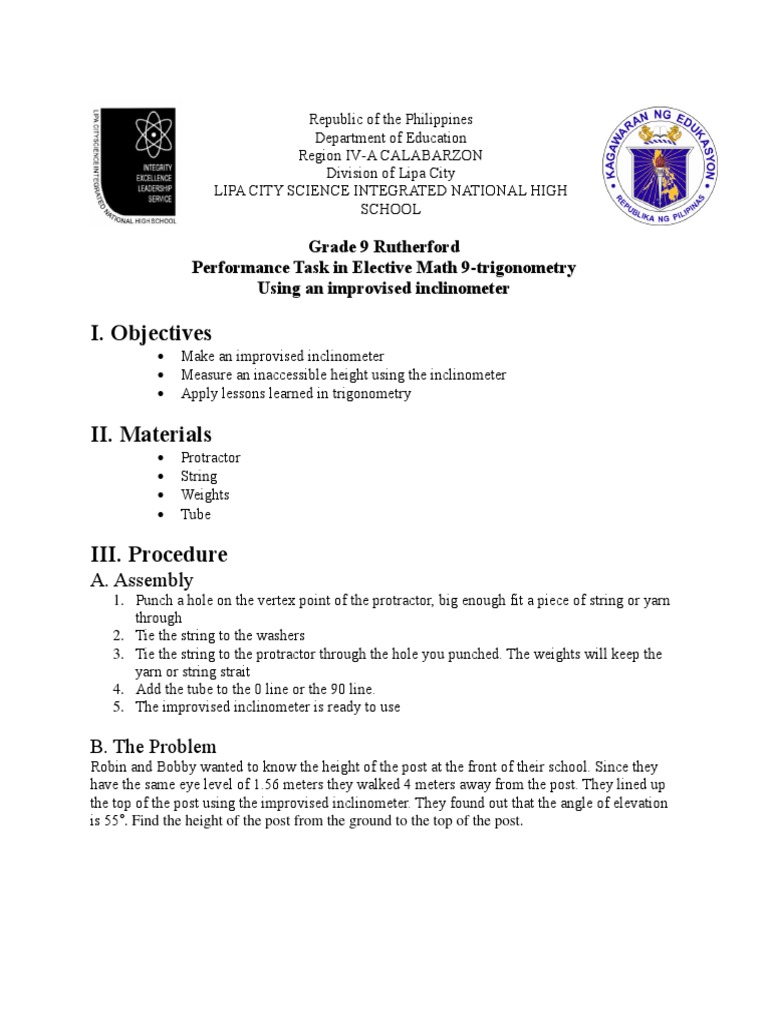 I. Objectives: Grade 9 Rutherford Performance Task in Elective Math 9 ...