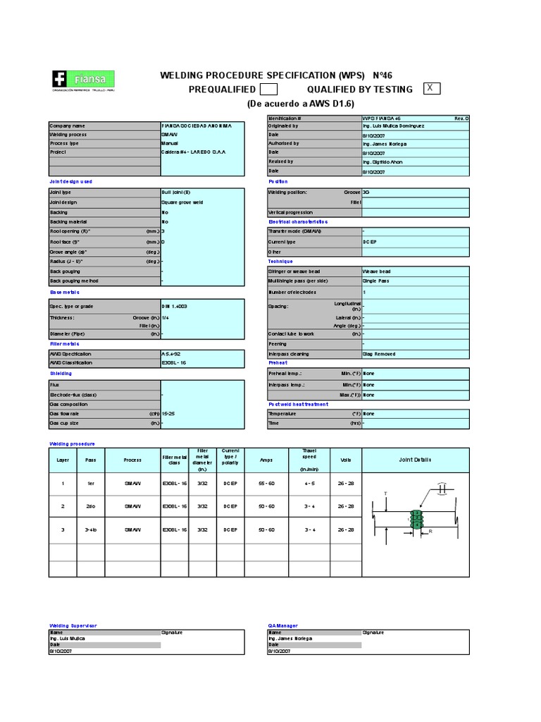 Welding Procedure Specification (WPS) Nº46 Prequalified Qualified by ...