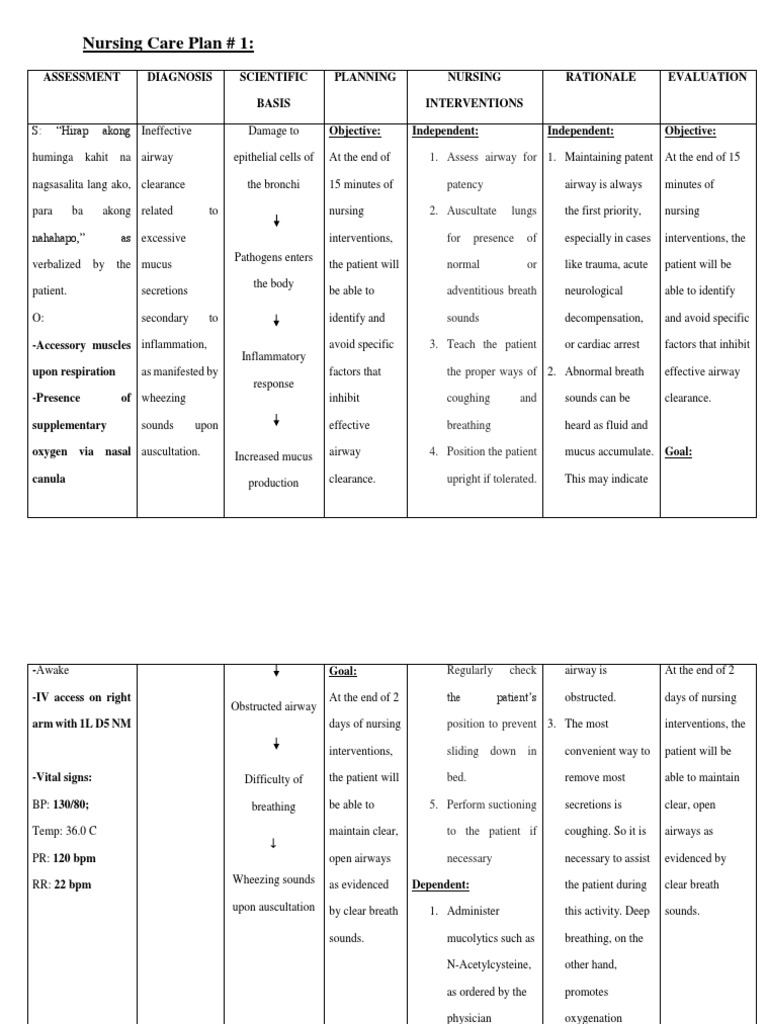 Nursing Care Plan # 1:: Assessment Diagnosis Scientific Basis Planning ...