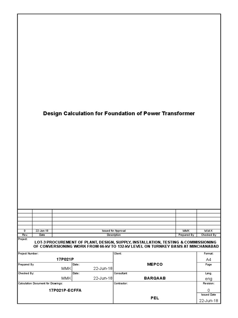 Design Calculation For Foundation of Power Transformer: 17P021P Mepco | PDF